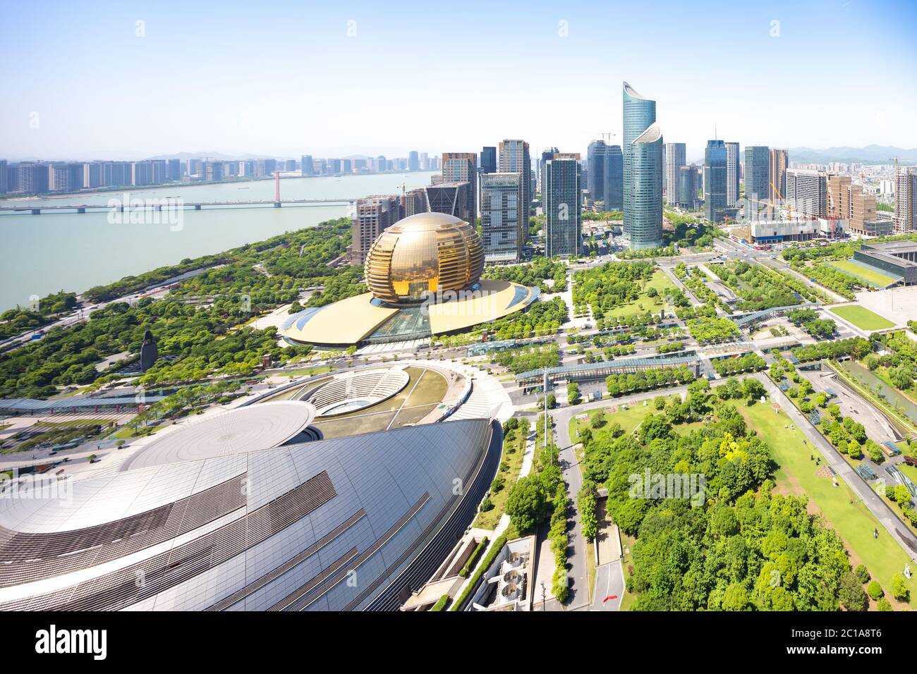 aerial view of modern city near river Stock Photo - Alamy