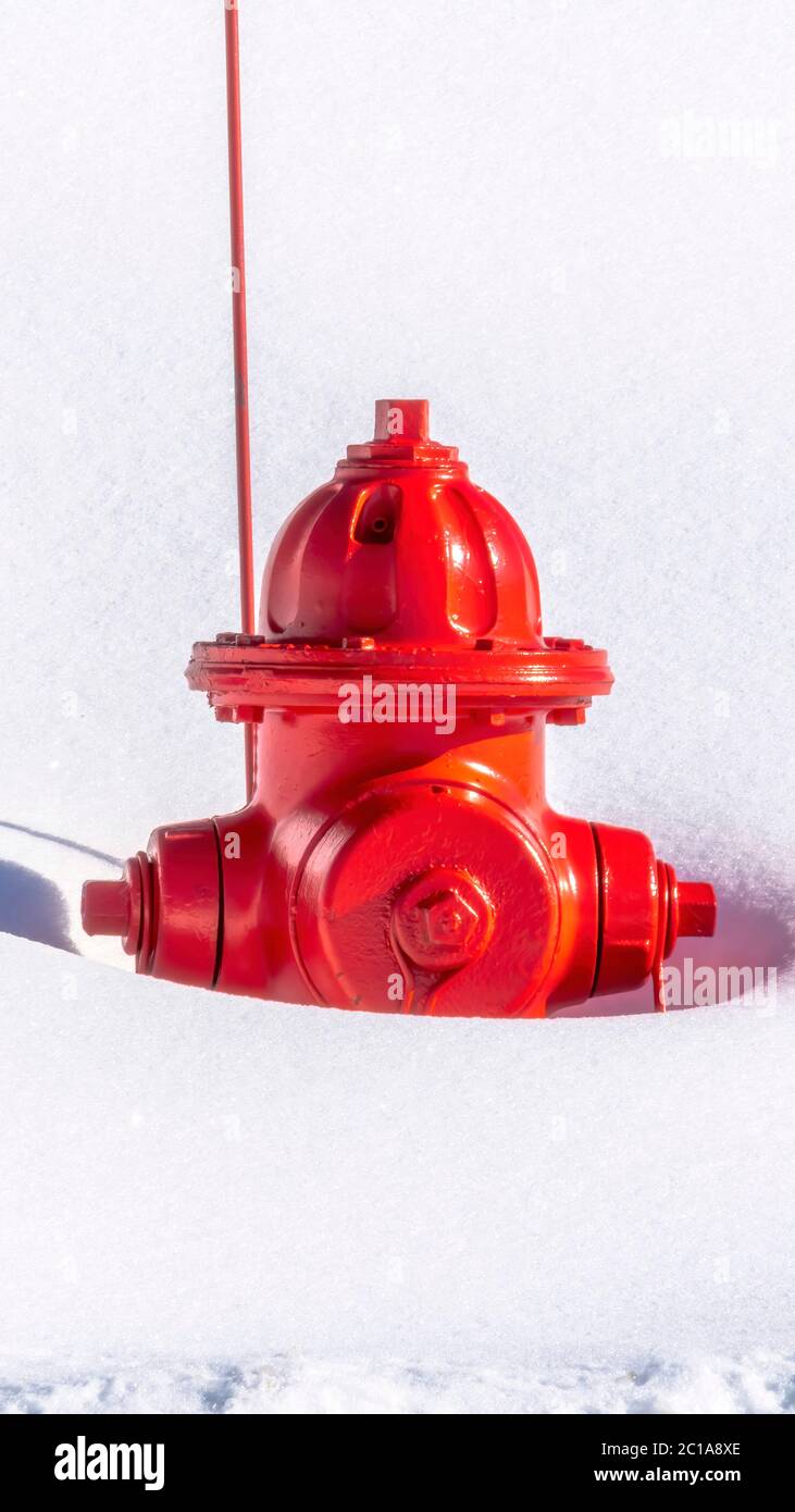 Vertical Vibrant red fire hydrant buried in snow during winter in Park ...