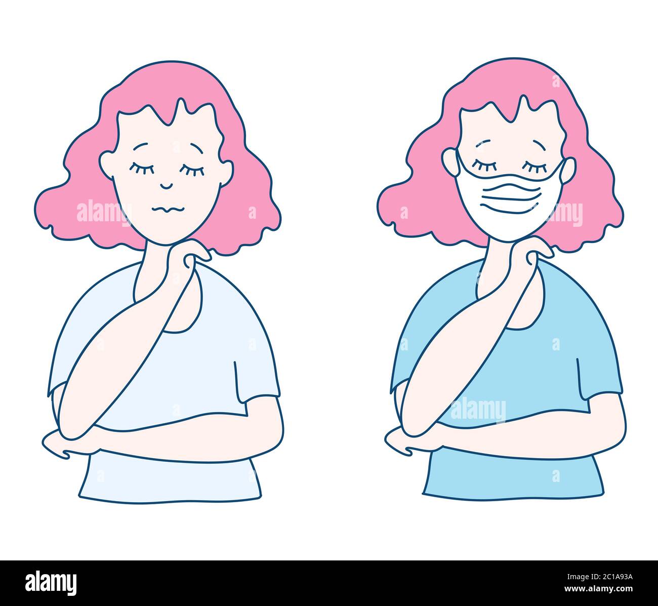 Young cute girl in a medical mask. And a man without a mask on his face ...