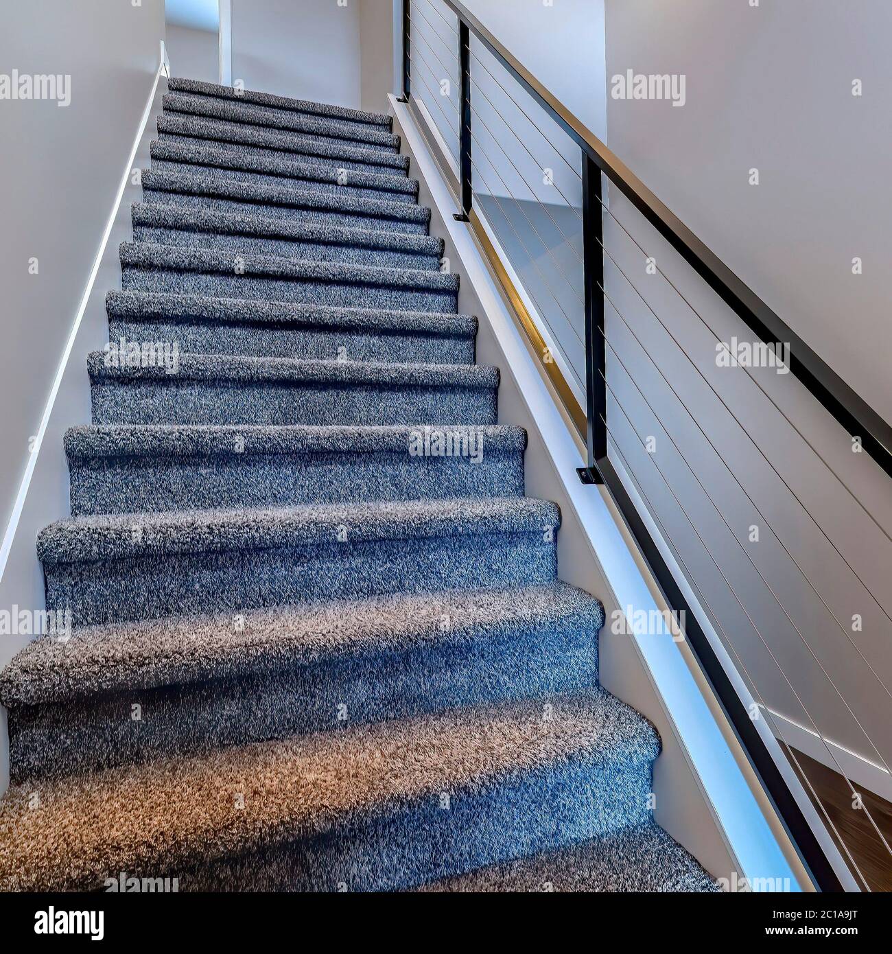 Square Indoor stairs of home with metal handrail and gray carpet on the ...