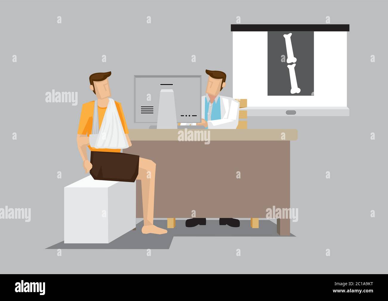 Patient with triangular arm sling bandage sitting in front of ...