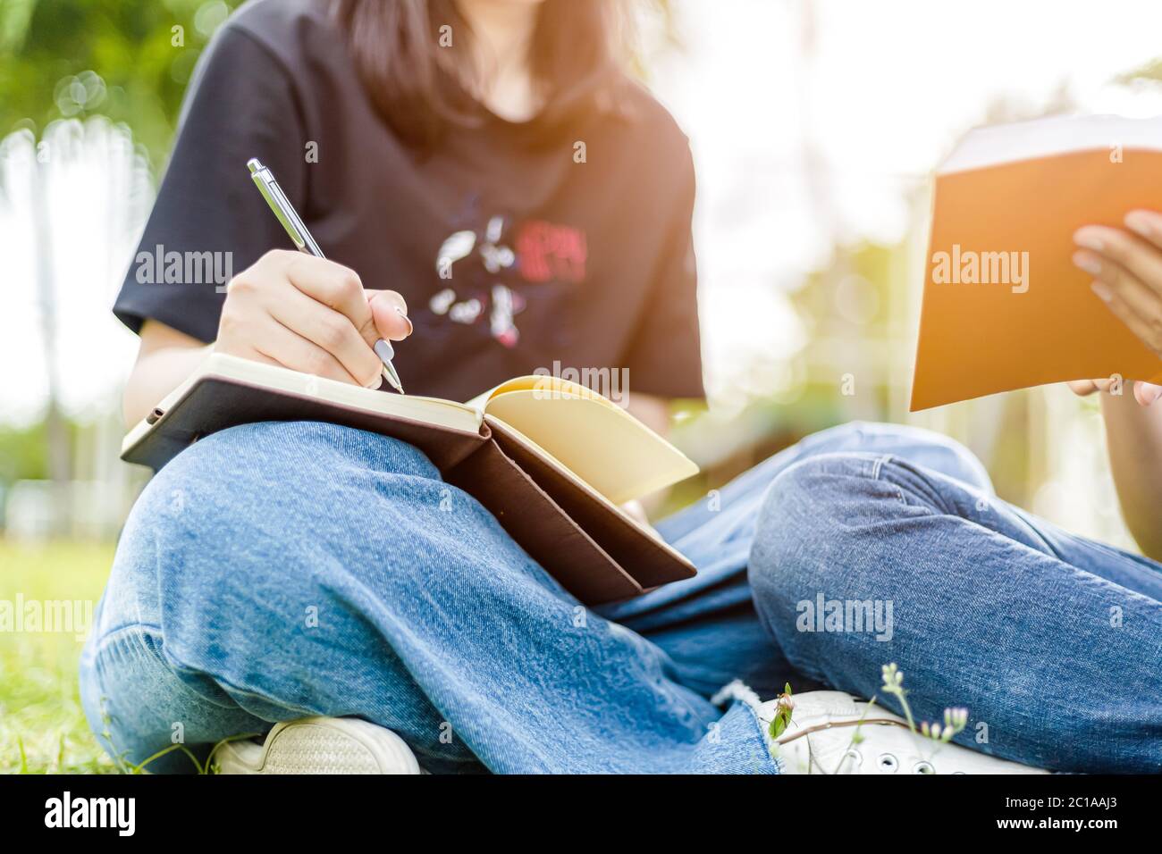 University students sit and writing a book on the grass Stock Photo - Alamy