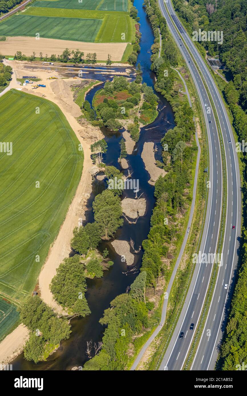Aerial photograph, renaturation of the Ruhr, river Ruhr at the motorway ...