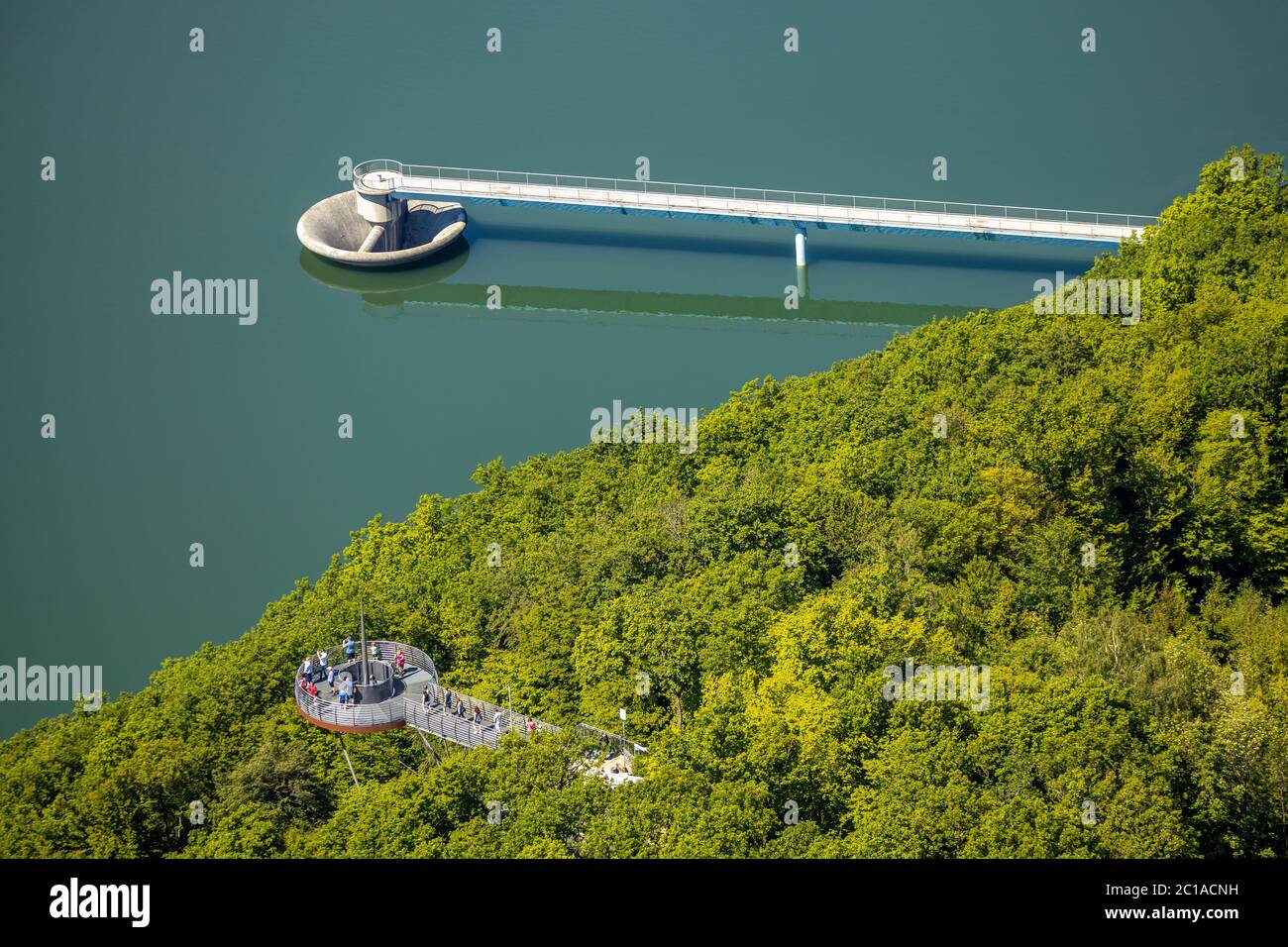 Aerial photograph, forest area, Biggeblick viewing platform, flood ...