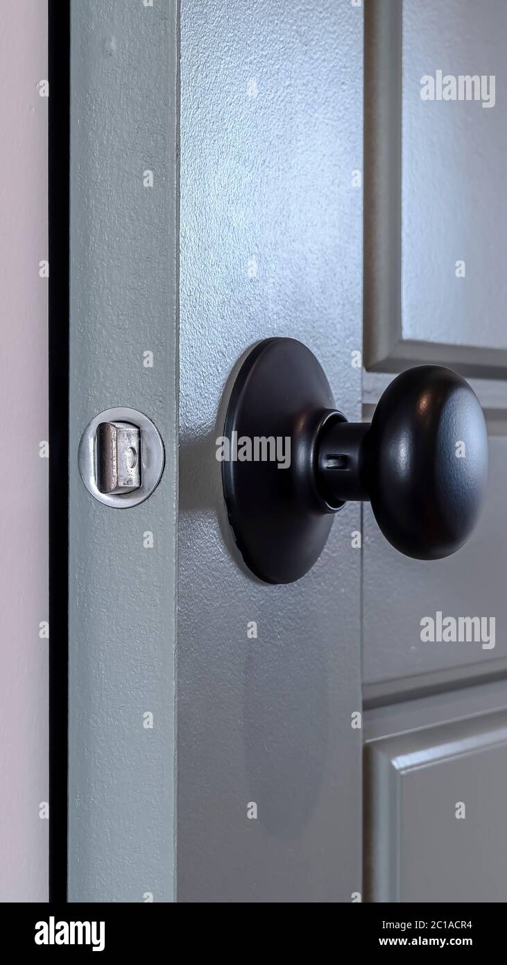 Vertical frame Hinged panel wooden door with round black door knob and ...