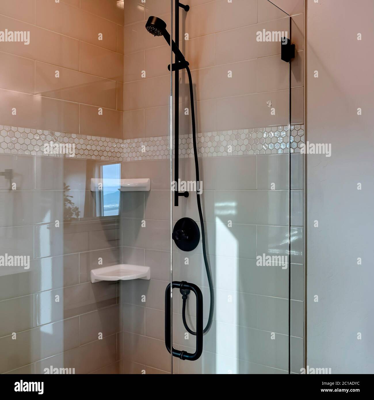 Square Shower stall with frameless glass enclosure and hinged door ...