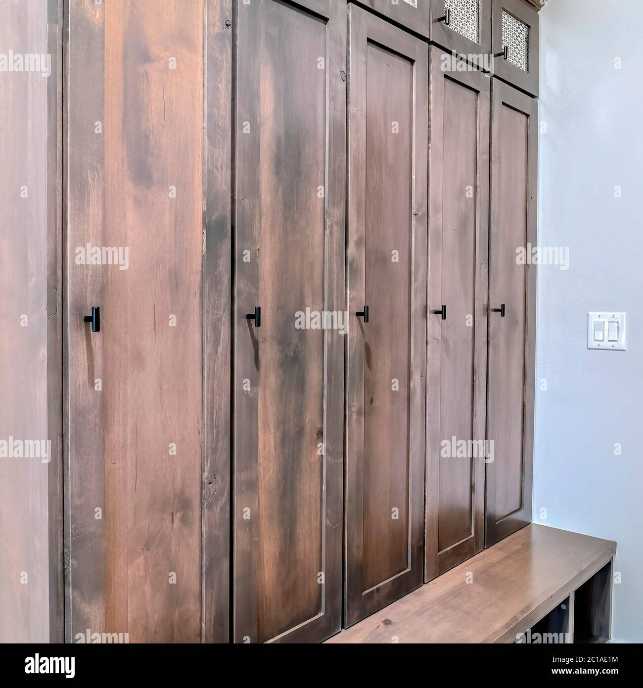 Square Brown wooden vintage cabinet with glass panes doors and open ...