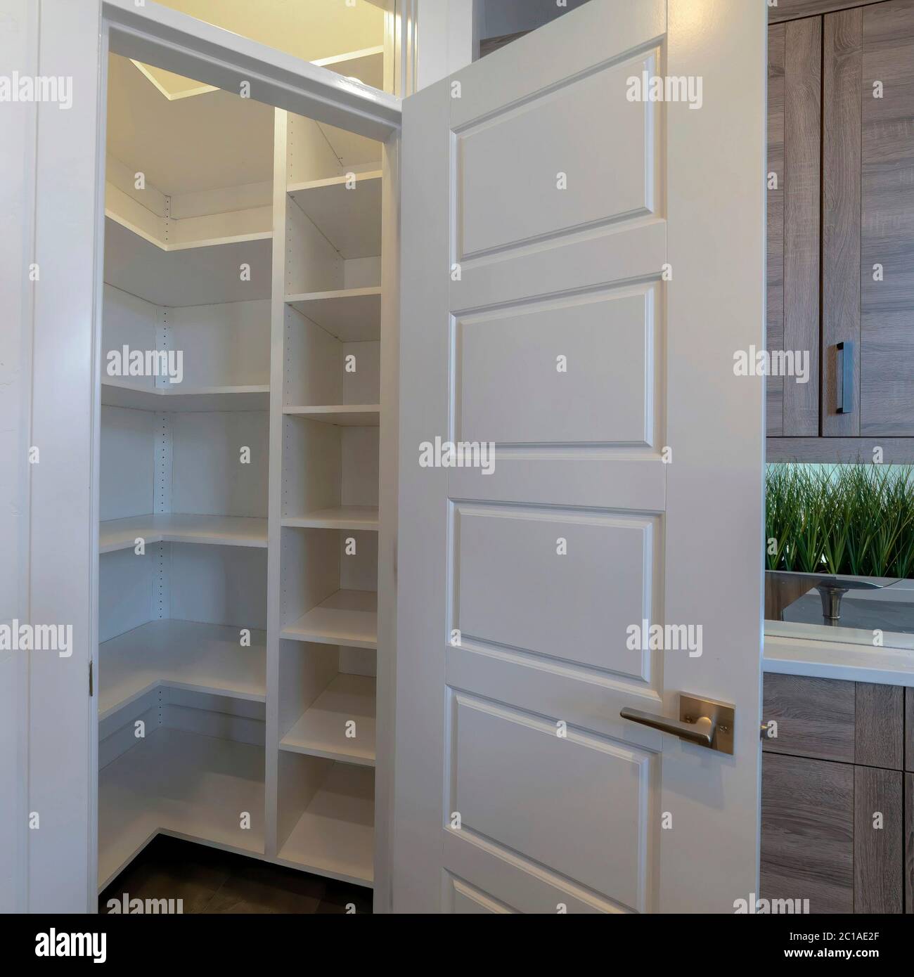 Square Small pantry with empty wall shelves at the corner of the ...