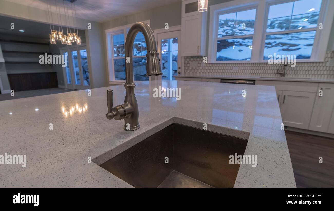 Panorama frame Modern kitchen sink with stone counter top Stock Photo ...