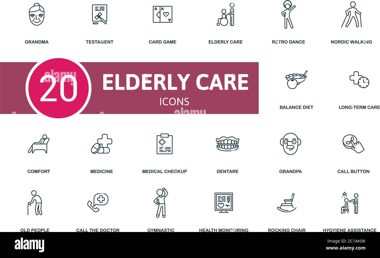 Elderly Care icon set. Collection contain grandma, health monitoring ...