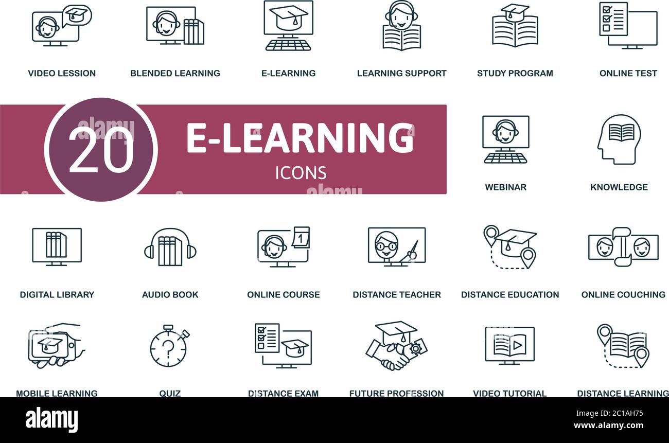 E-Learning icon set. Collection contain webinar, video lesson, study ...