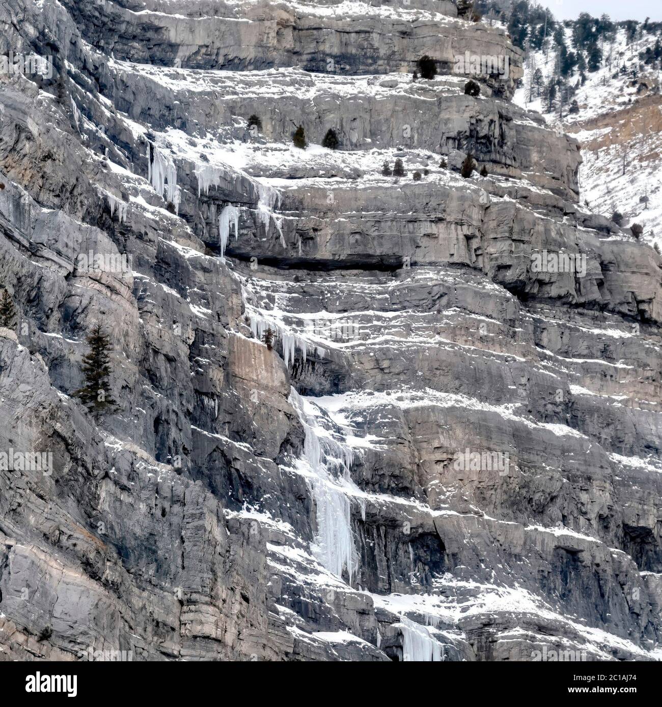 Square Bridal Veil Falls in Provo Canyon with snow ice and evergreen ...