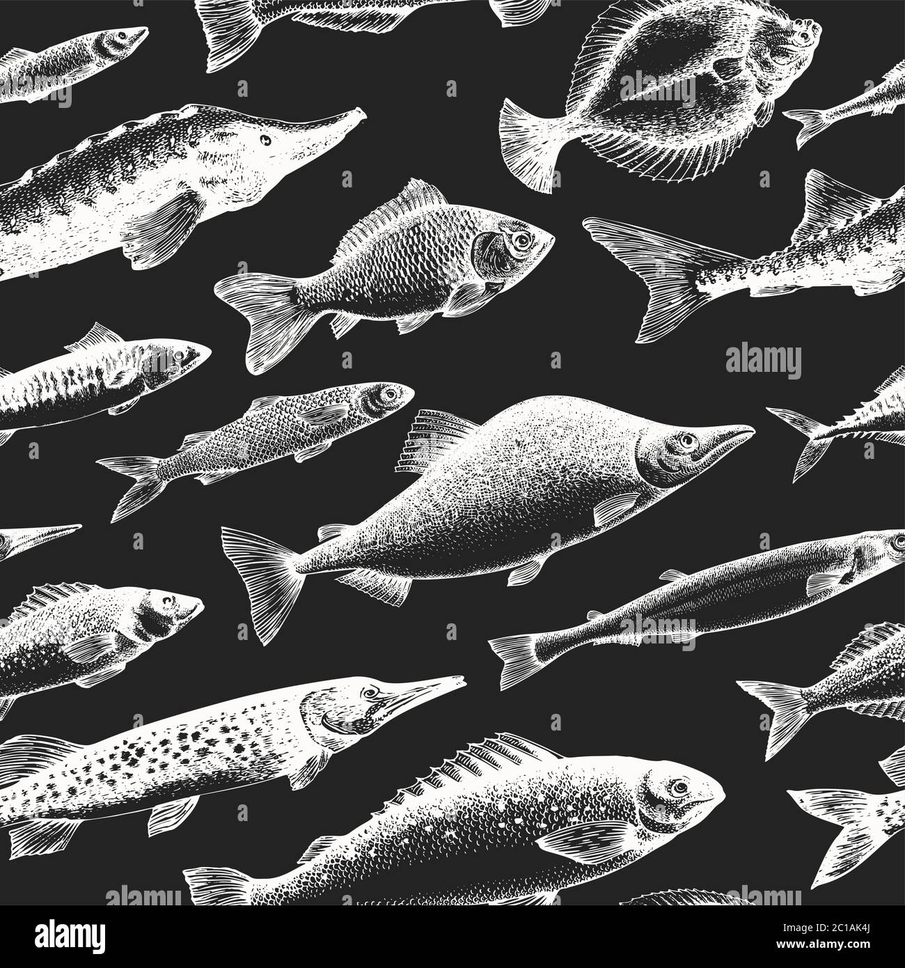 Hand drawn fish seamless pattern. Vector seafood illustrations on chalk ...