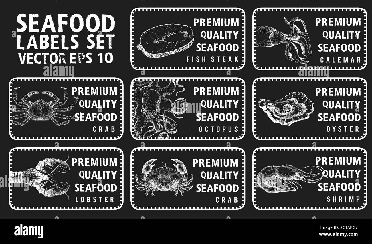 Labels with seafood. Vintage set templates price tags for shops and ...
