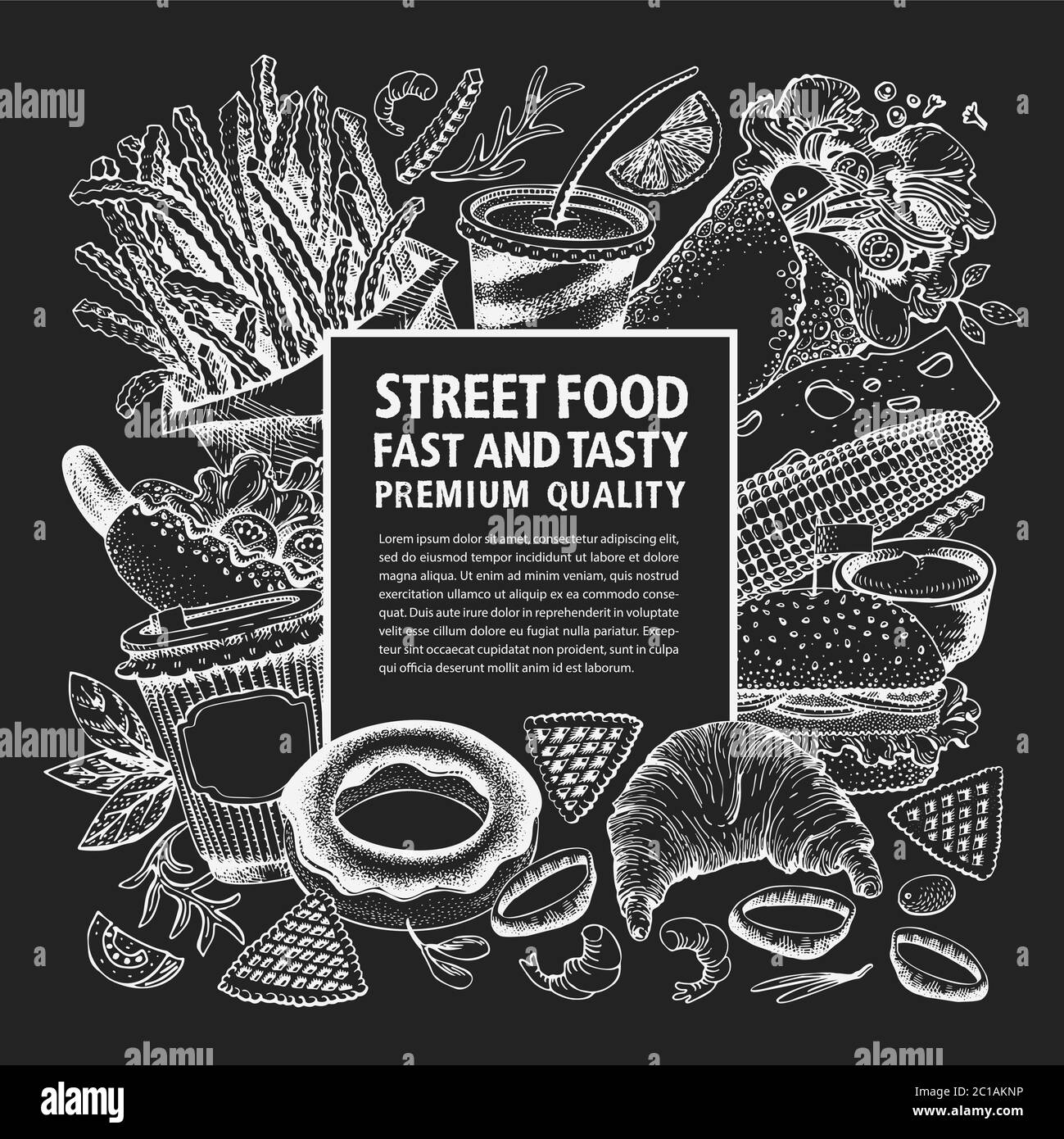 Hand drawn street food banner. Vector fast food illustrations on chalk ...