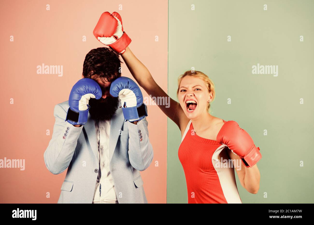 Couple romantic relationships. Man and woman boxing fight. Boxers ...
