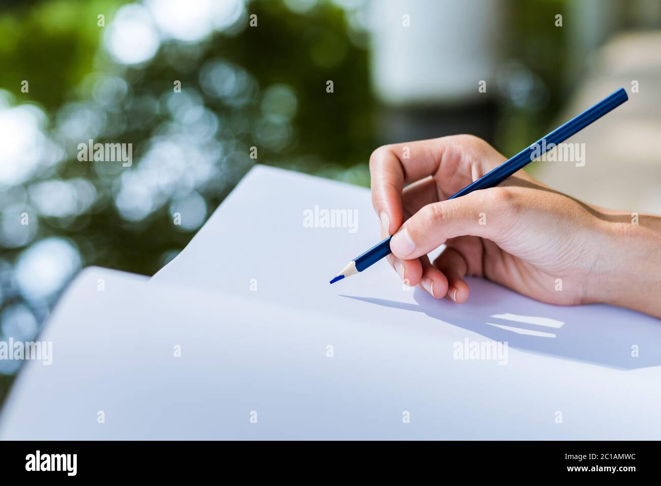 hand use crayon for drawing paper in the parks Stock Photo - Alamy
