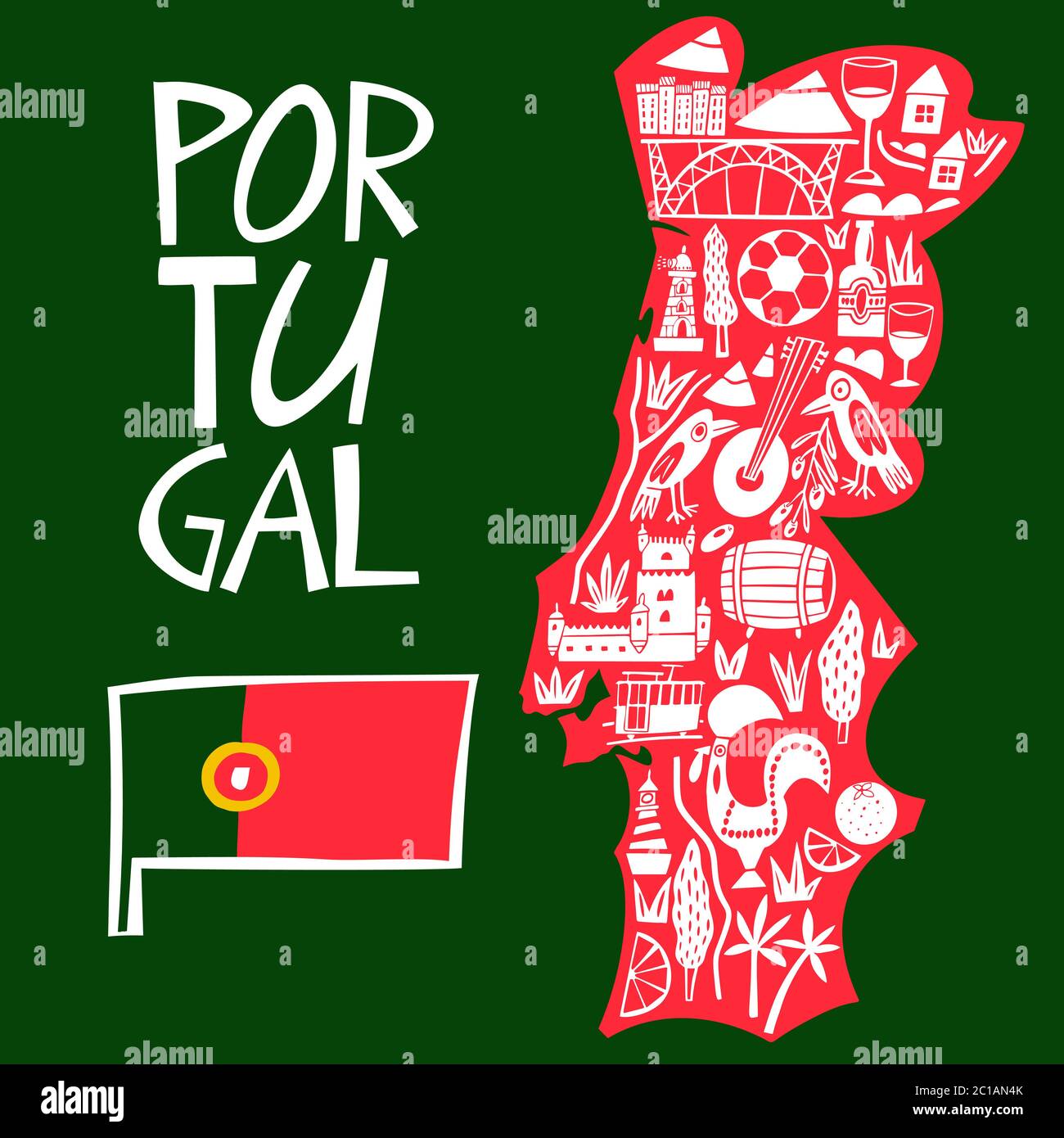 Vector hand drawn stylized map of Portugal. Travel illustration of ...