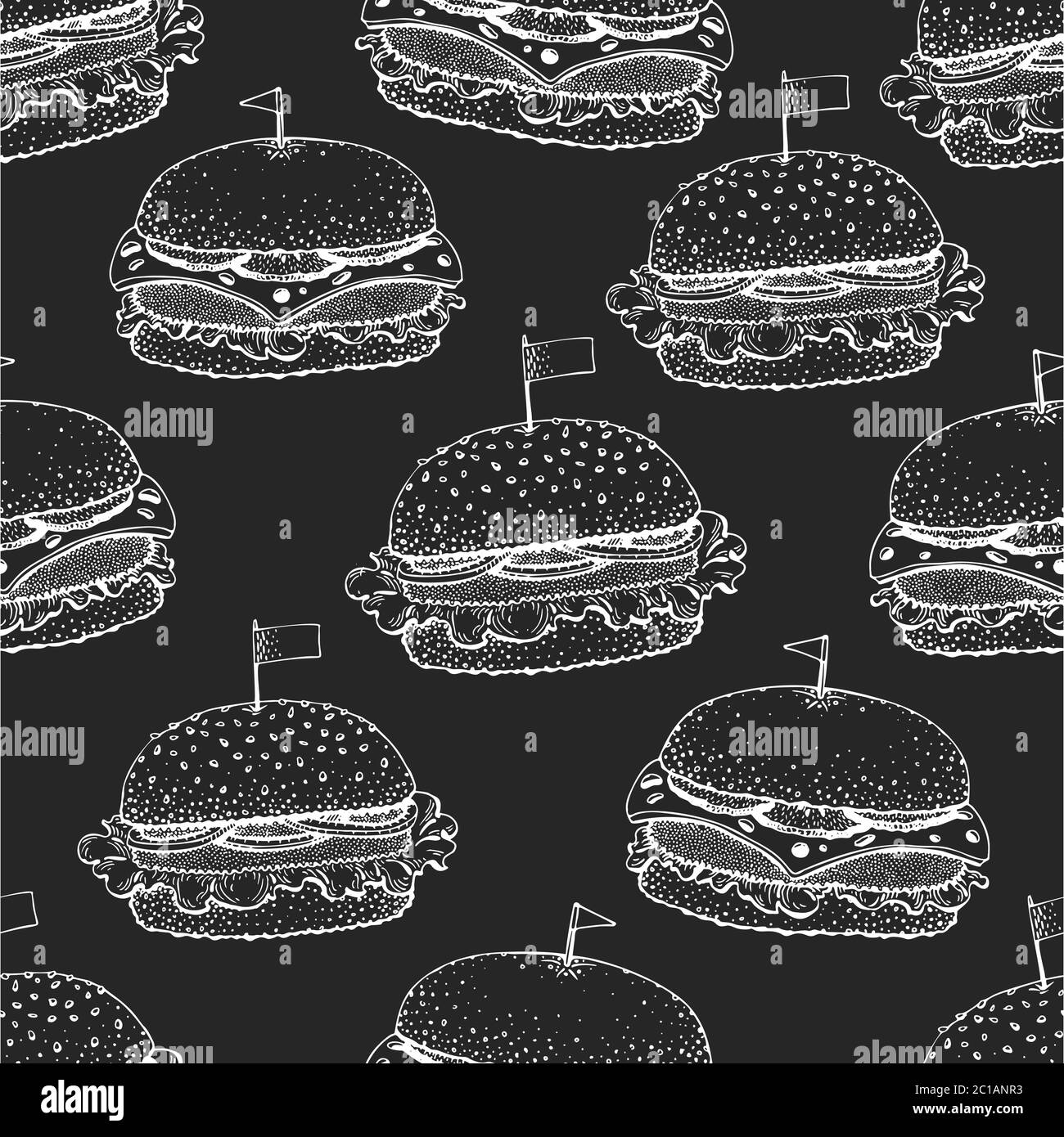 Hand drawn burger seamless pattern. Vector Americam hamburger ...