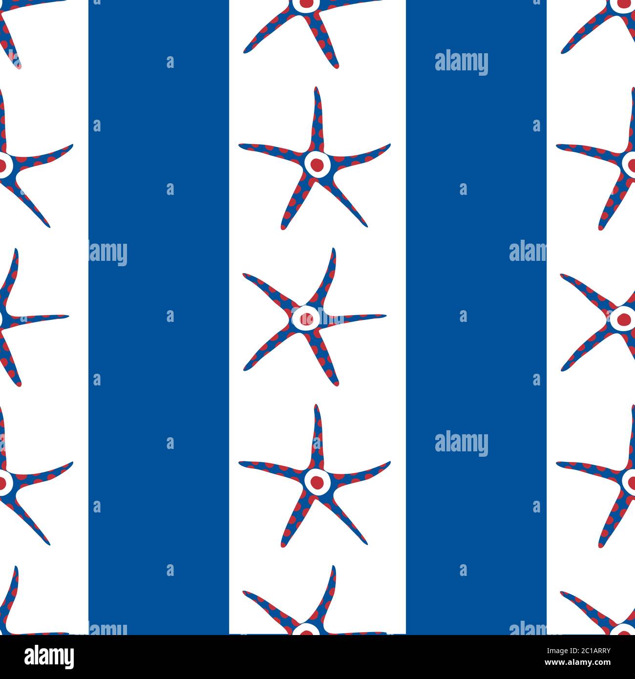 Starfish and stripes seamless vector pattern background. Hand drawn ...