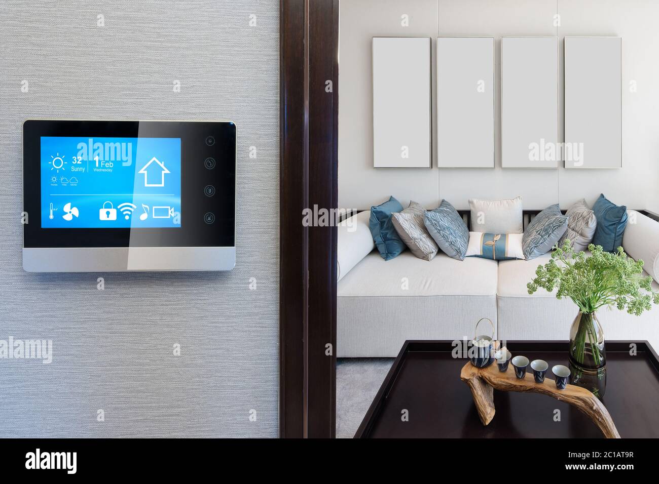 smart home system on intelligence screen with background Stock Photo ...