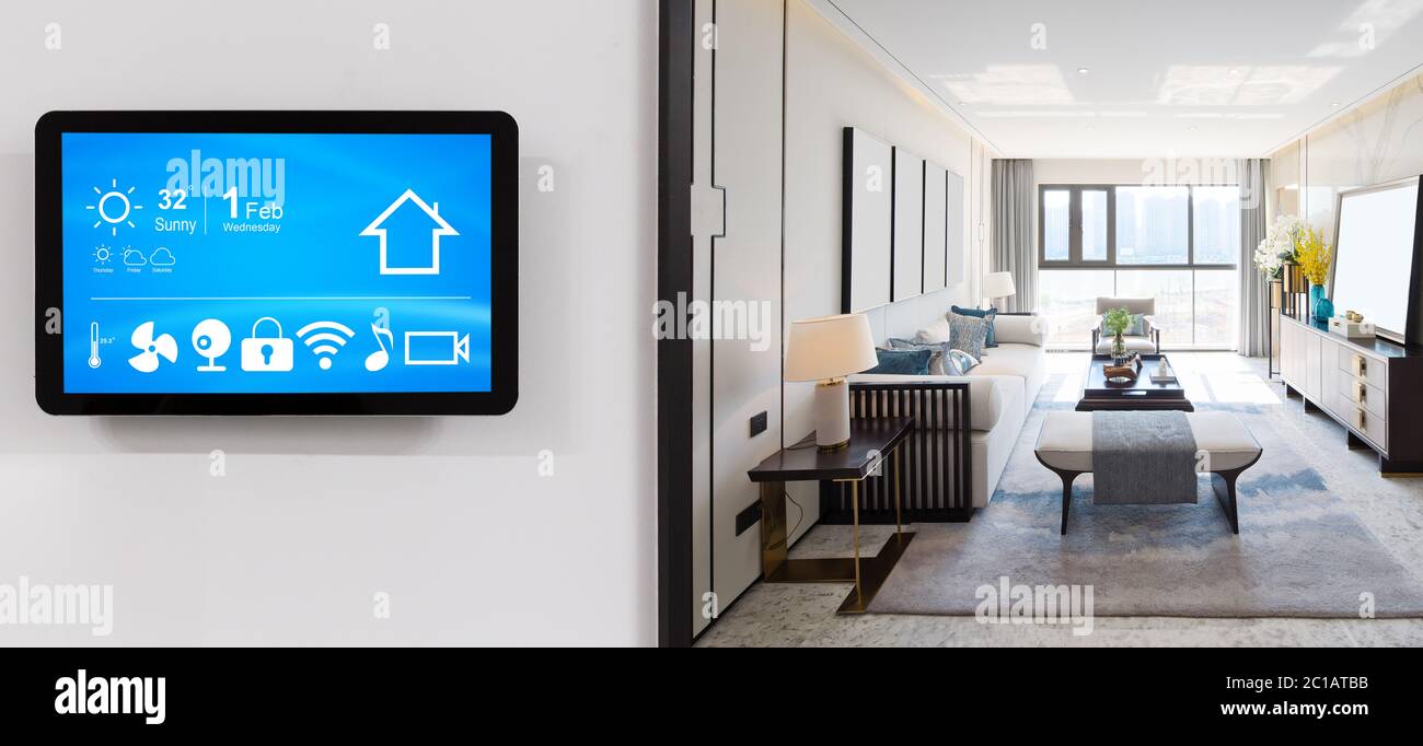 smart home system on intelligence screen with background Stock Photo ...