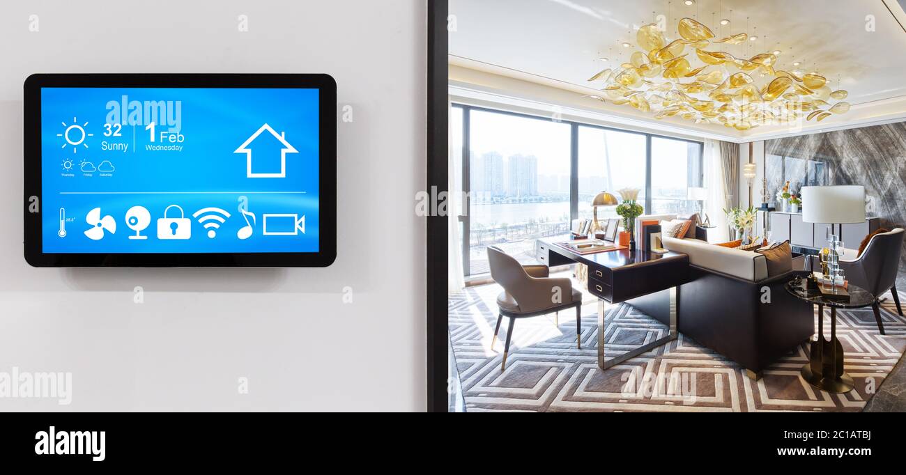 smart home system on intelligence screen with background Stock Photo ...