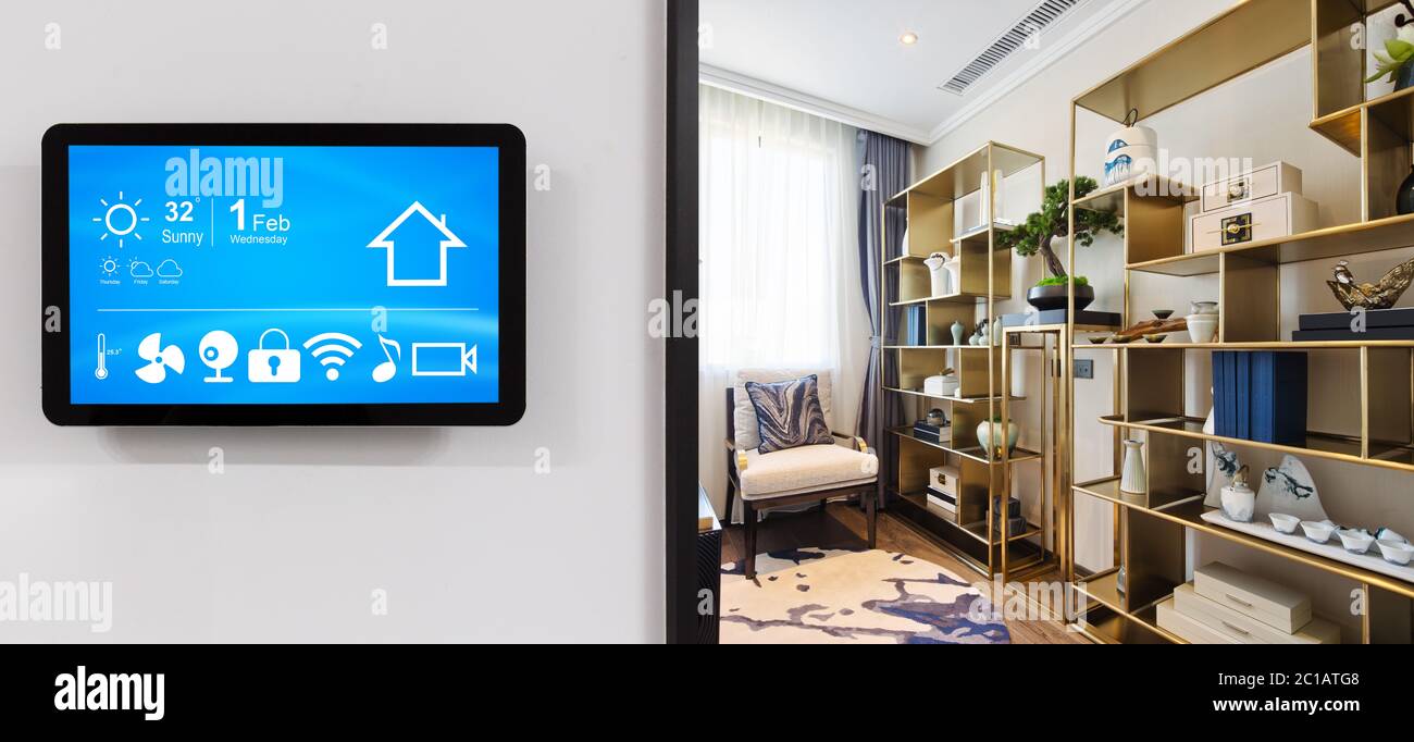 smart home system on intelligence screen with background Stock Photo ...