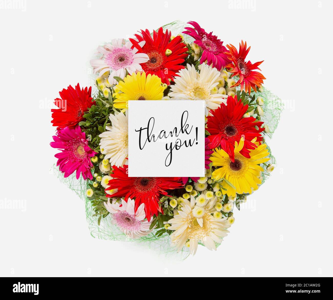 Fresh flowers bunch and card with words thank you written on it Stock ...