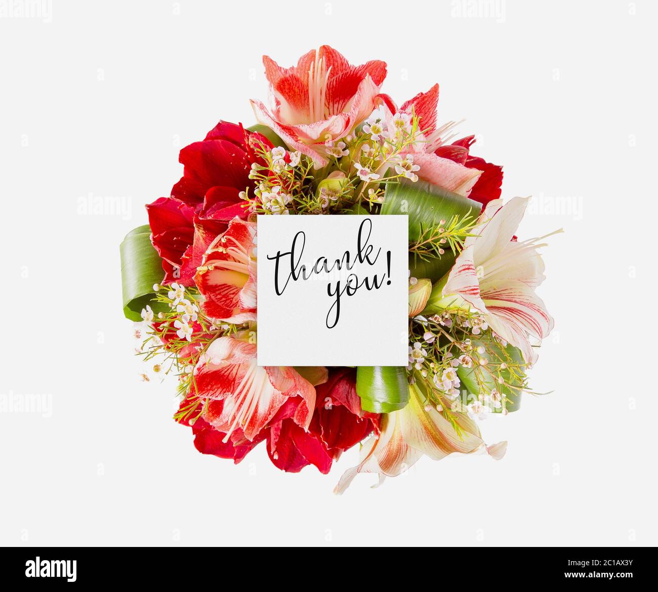 Fresh flowers bunch and card with words thank you written on it Stock ...