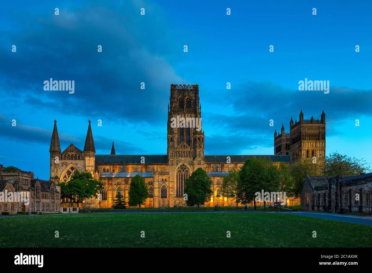External view of Durham Cathedral at dusk seen from Palace Green ...
