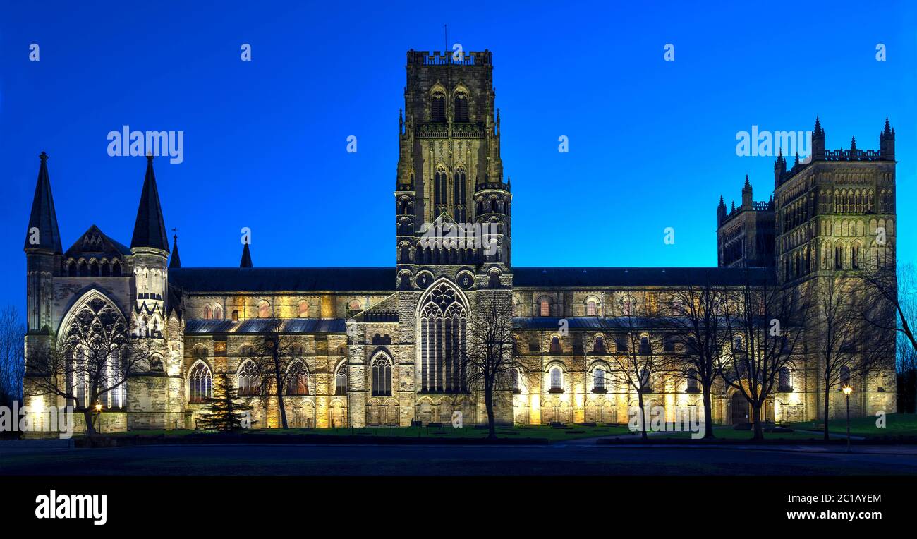 External view of Durham Cathedral at dusk seen from Palace Green ...