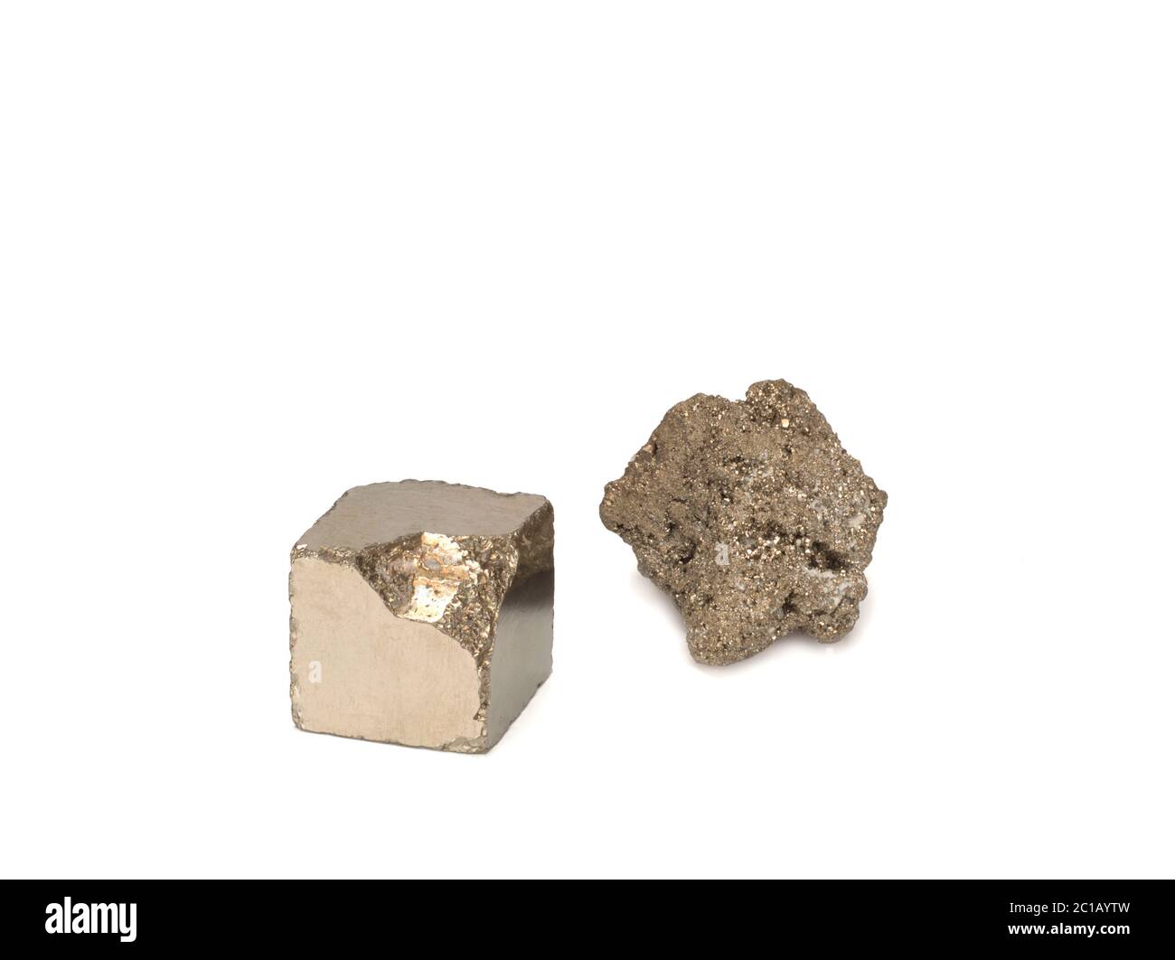 Natural Pyrite and partially treated pyrite on white background Stock ...