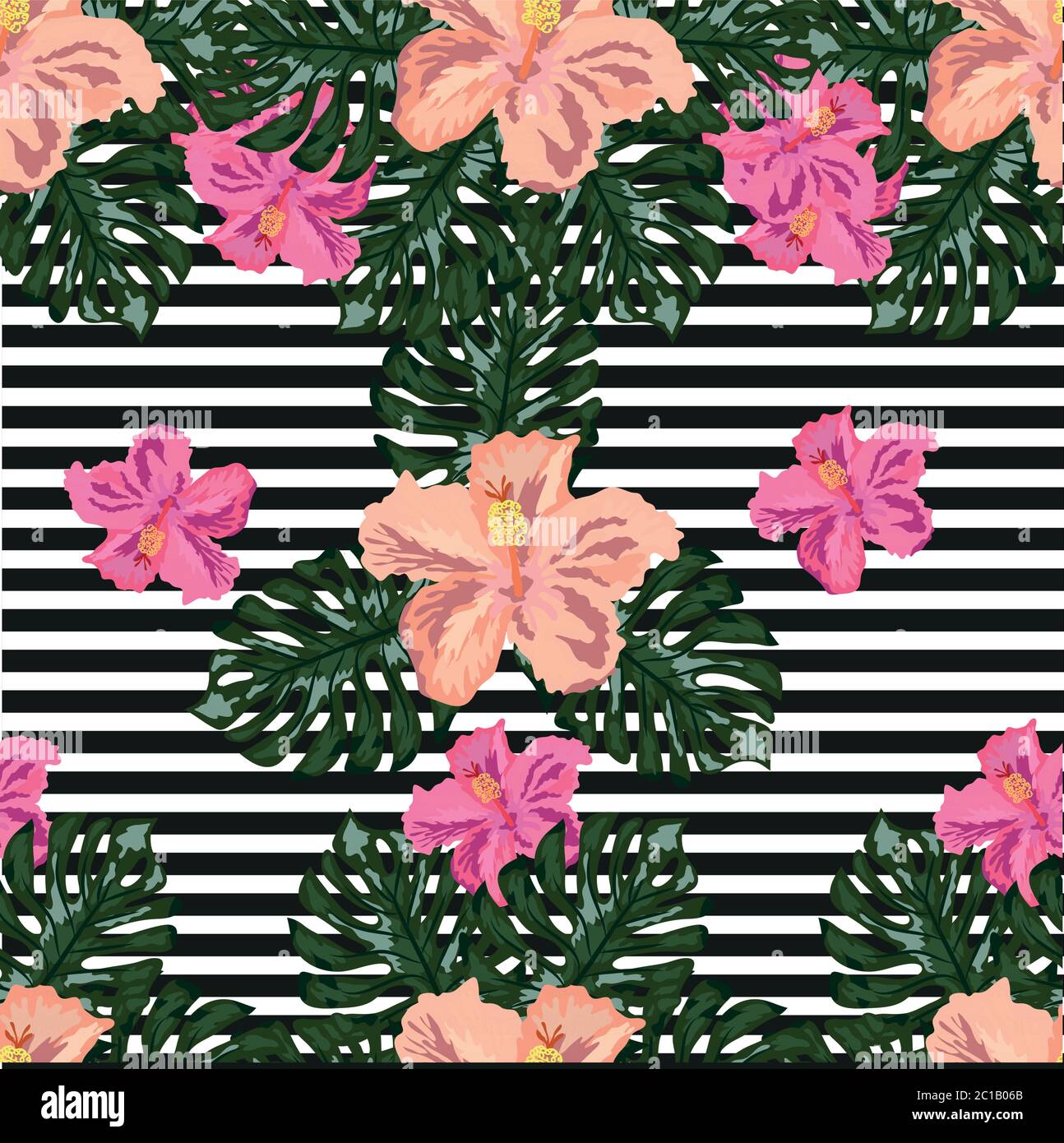 Exotic seamless pattern with tropical leaves and flowers on a black ...