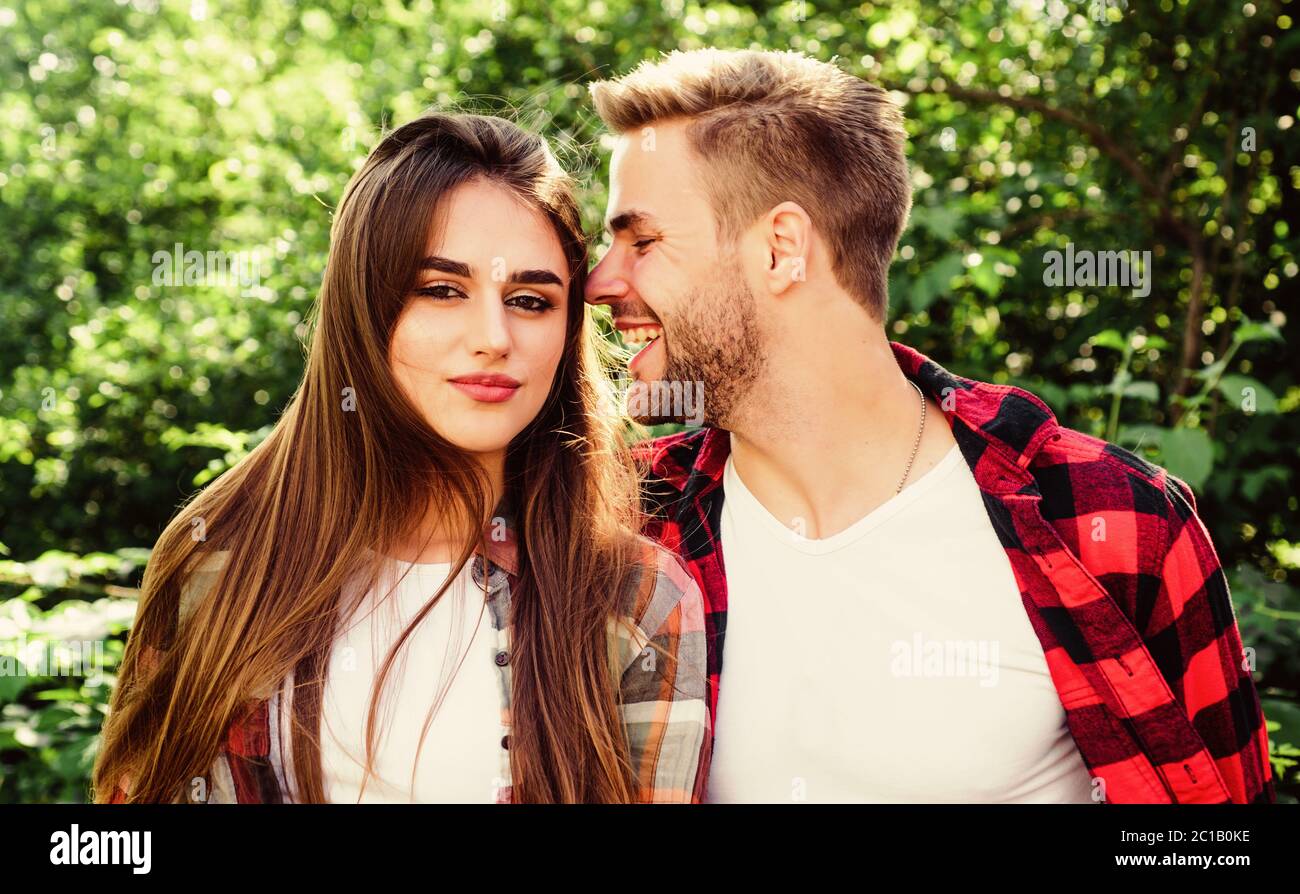 Couple in love. Enjoying each other. Man hipster and pretty woman in ...