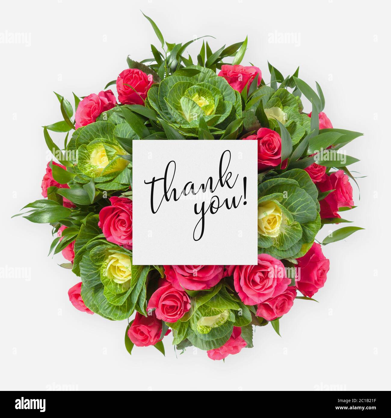Fresh flowers bunch and card with words thank you written on it Stock ...