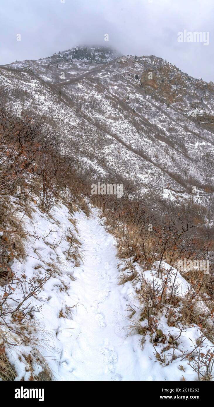 Vertical crop Snow dusted mountain scenery of Provo Canyon in Utah ...