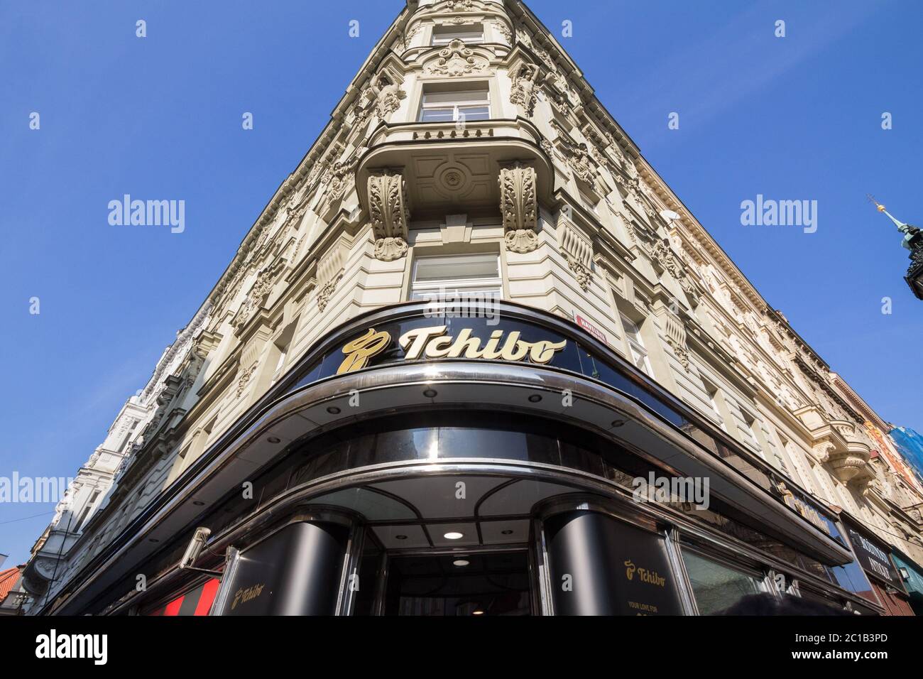 PRAGUE - CZECHIA - OCTOBER 31, 2019: Tchibo logo on their Prague main ...