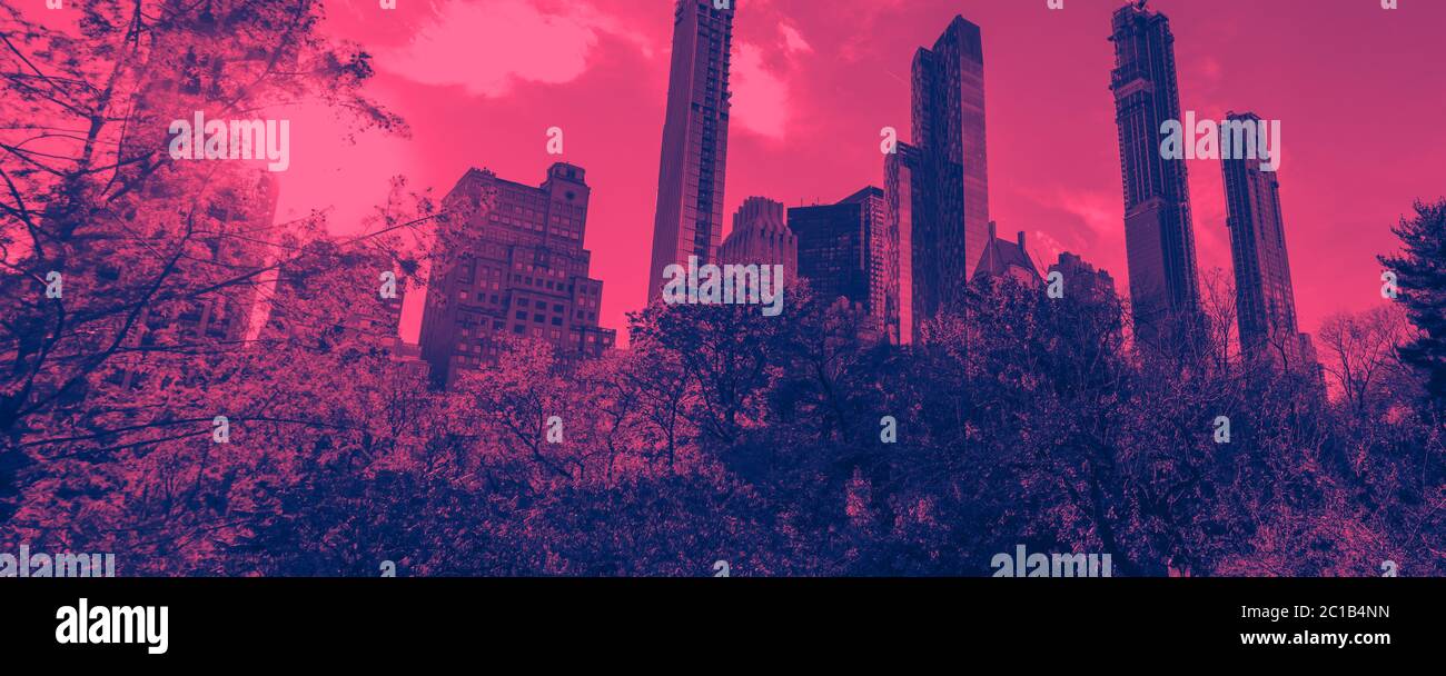 New York City skyline with the buildings of Manhattan framed by trees ...