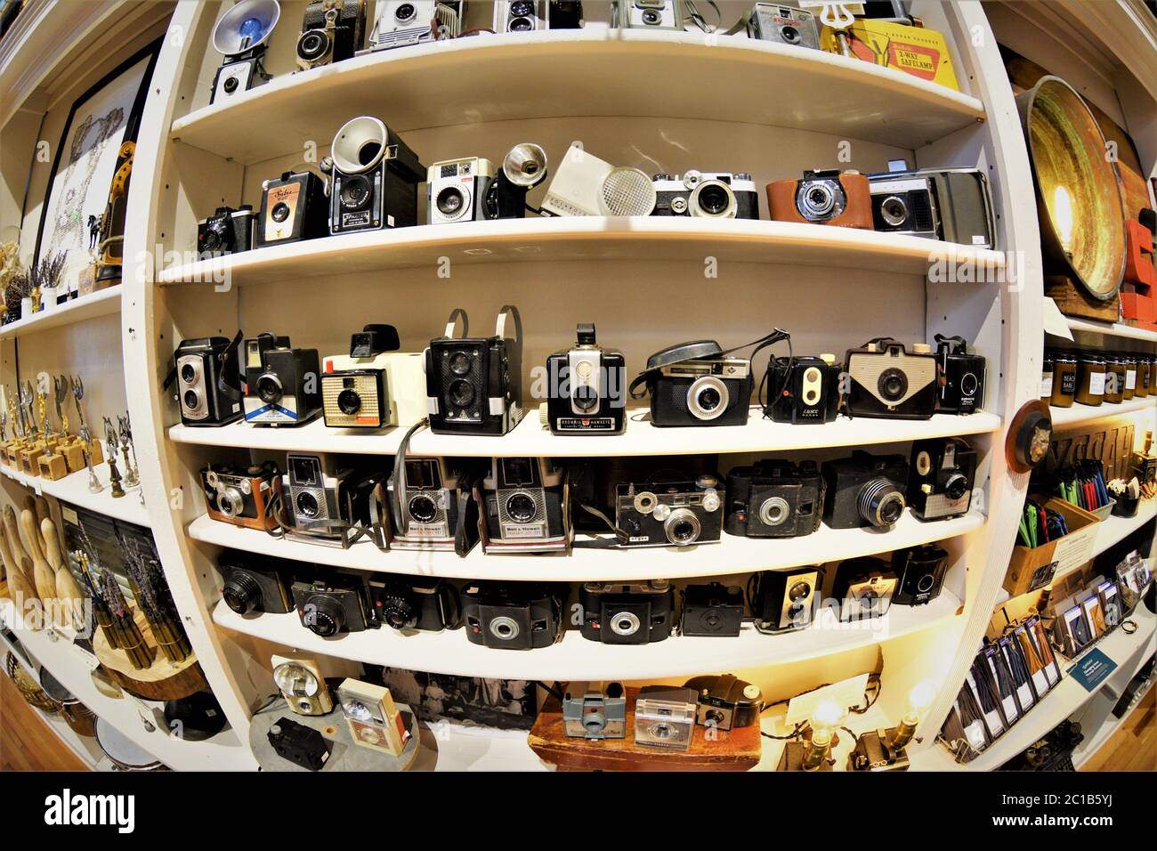 Dozens Old Cameras for sale via fish eye lens Stock Photo - Alamy