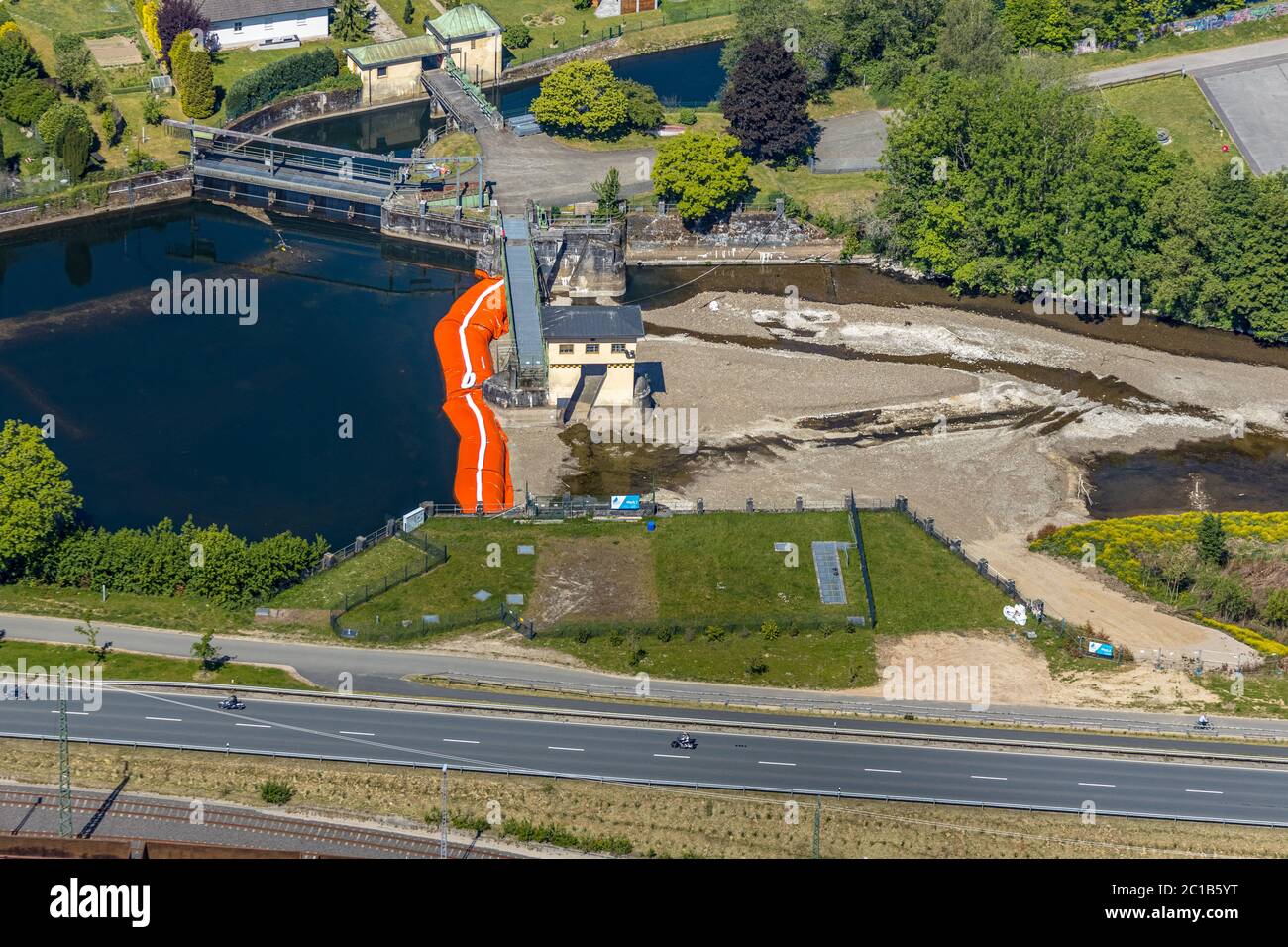 aerial view, barrier at the historic Lenneweir, hose system, river ...