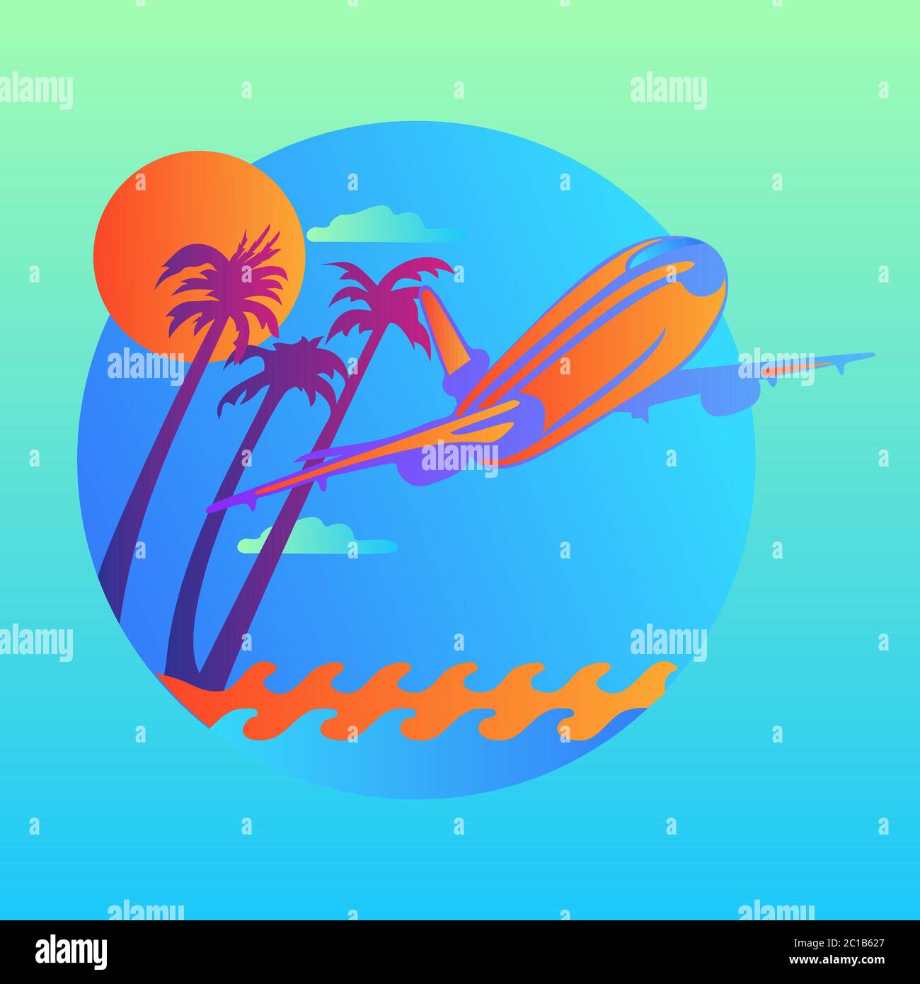 Vector island trendy and modern for travel symbol. Plane flying over ...