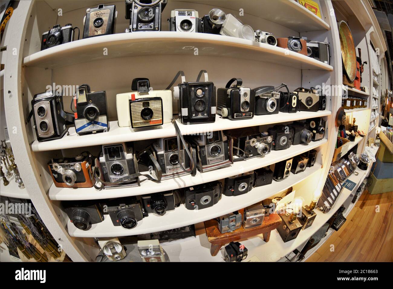 Dozens Old Cameras for sale via fish eye lens Stock Photo - Alamy