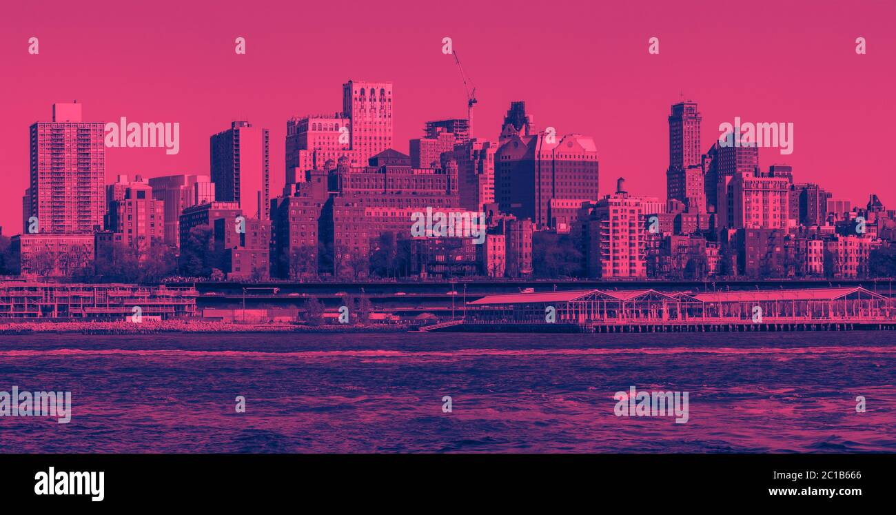 Brooklyn New York City skyline with colorful pink and blue duotone ...