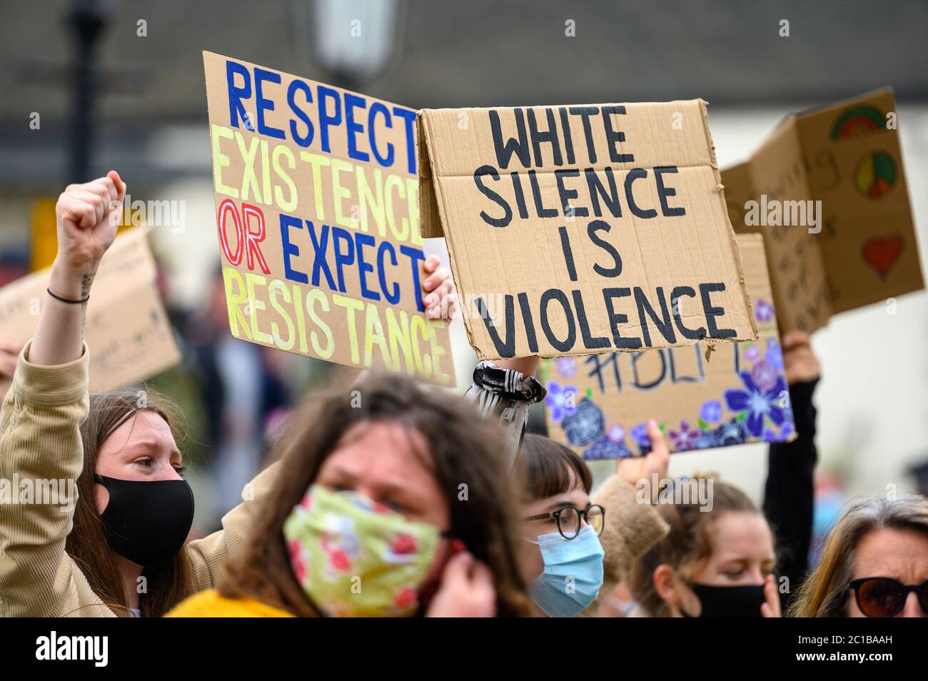 Richmond, North Yorkshire, UK - June 14, 2020: Protesters wear PPE face ...