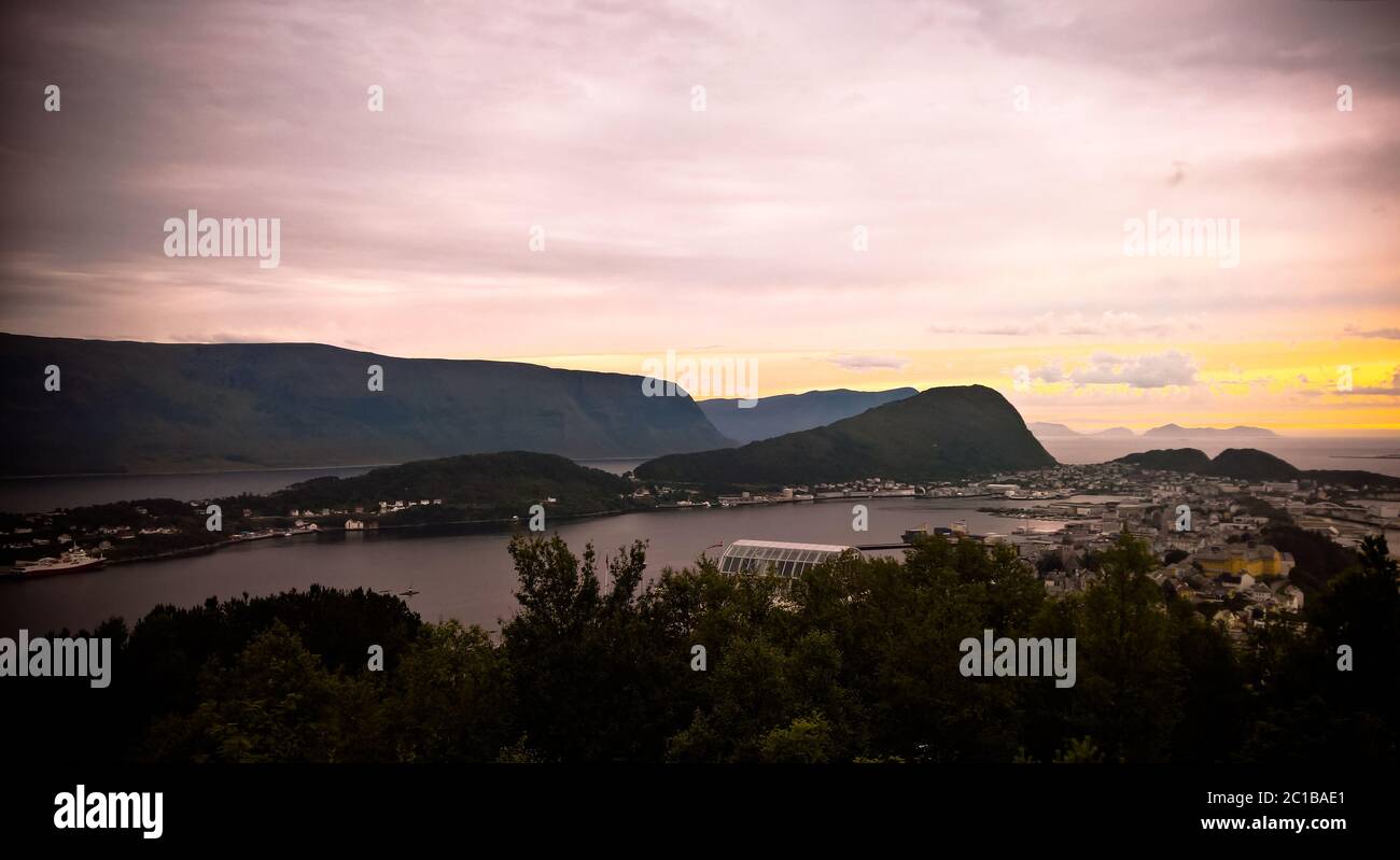 Sunset panorama view to Alesund from Fjellstua viewpoint, Norway Stock ...