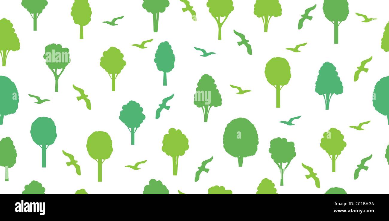 Seamless pattern from silhouettes of green trees and birds. Ecological ...