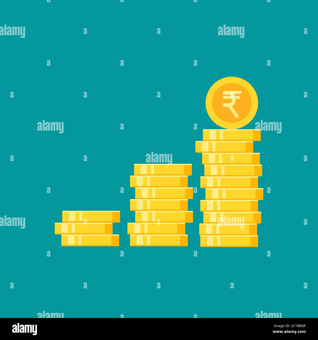 Stack of golden rupee coins. Flat gold icon. Isolated on blue. Economy ...