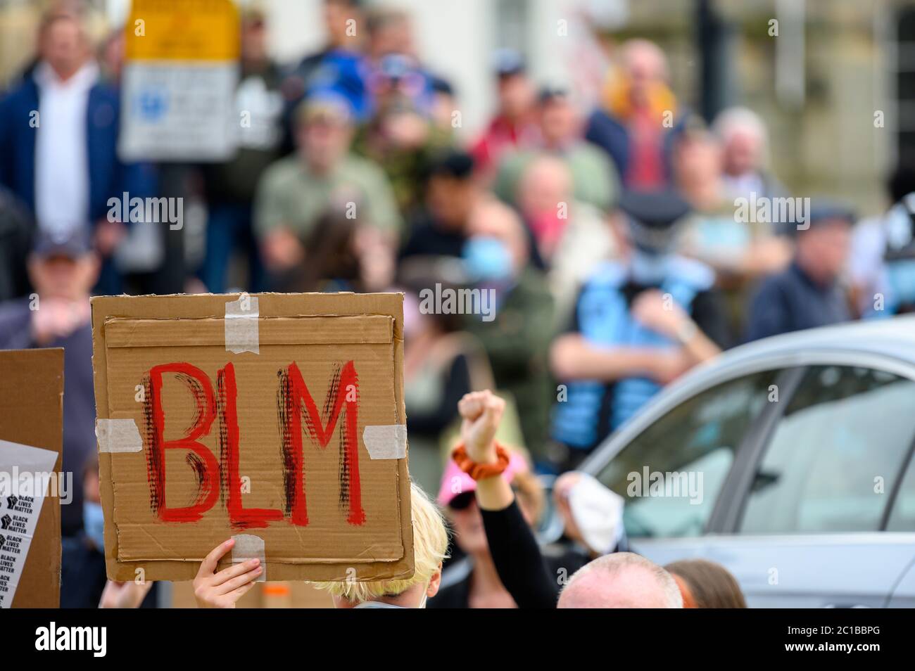 Richmond, North Yorkshire, UK - June 14, 2020: A homemade BLM sign held ...