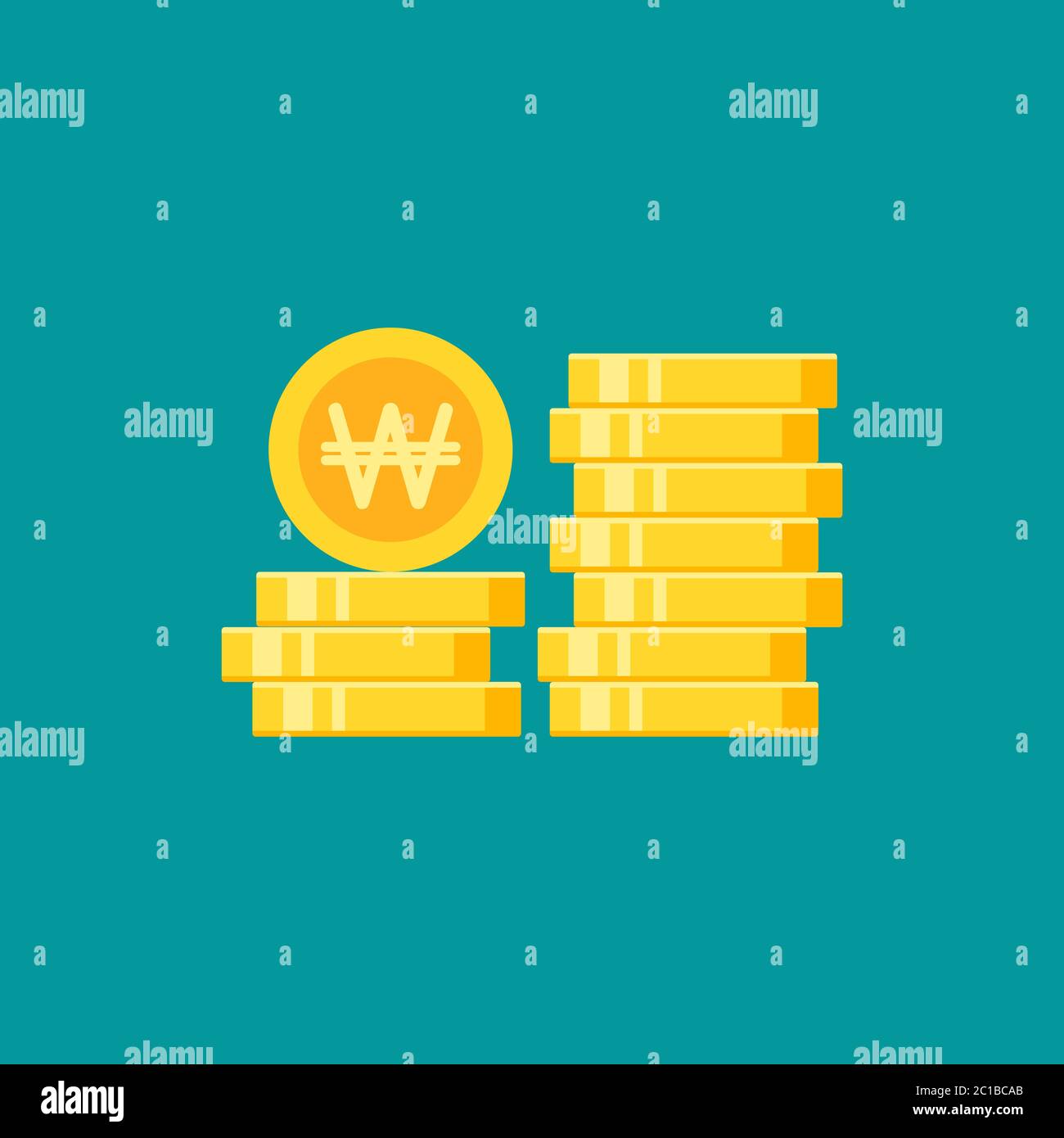 Stack of golden korean won coins. Flat gold icon. Isolated on blue ...